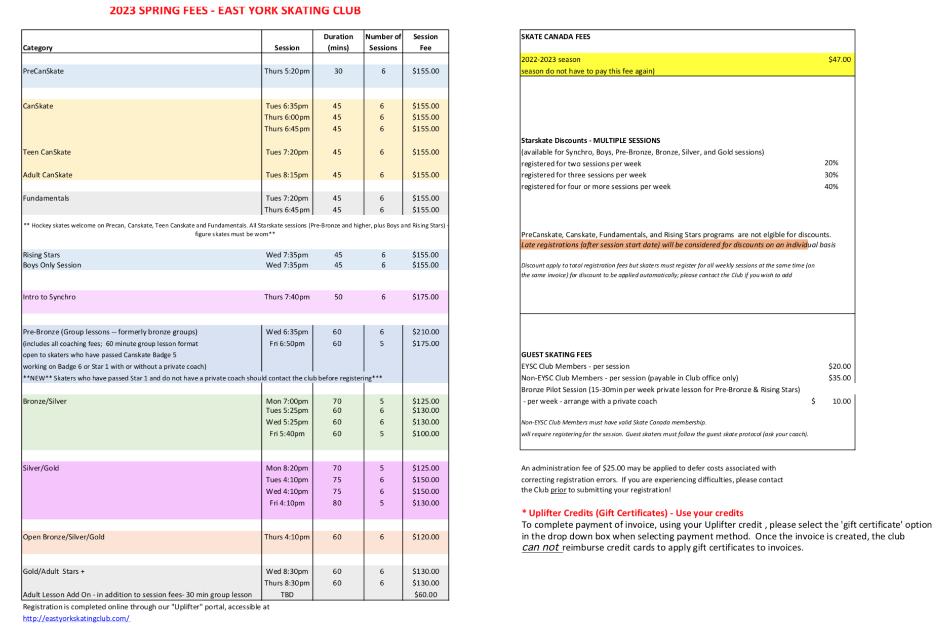 Spring 2023 - Schedule & Pricing :: Program Registrations - EYSC